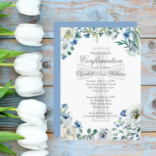 Elegant Blue Floral Religious Confirmation Invitation | Zazzle