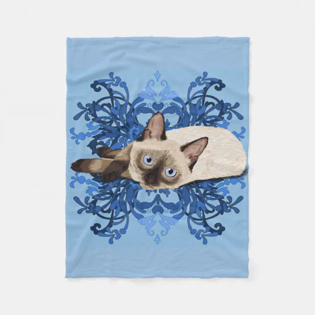 Elegant Blue Floral Siamese Cat Pretty Feline Fleece Blanket | Zazzle
