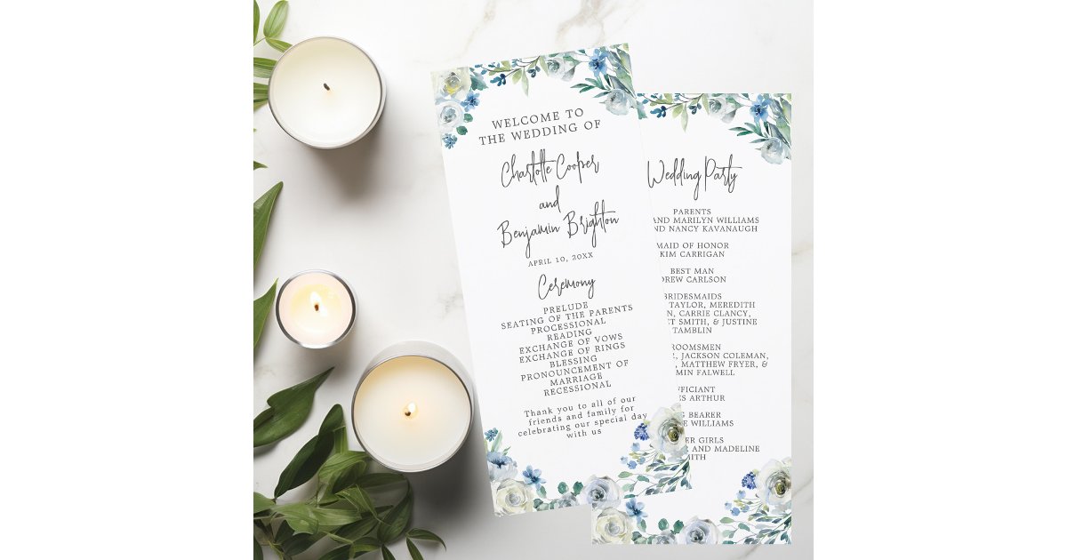 Elegant Blue Floral Spring Garden Wedding Program | Zazzle