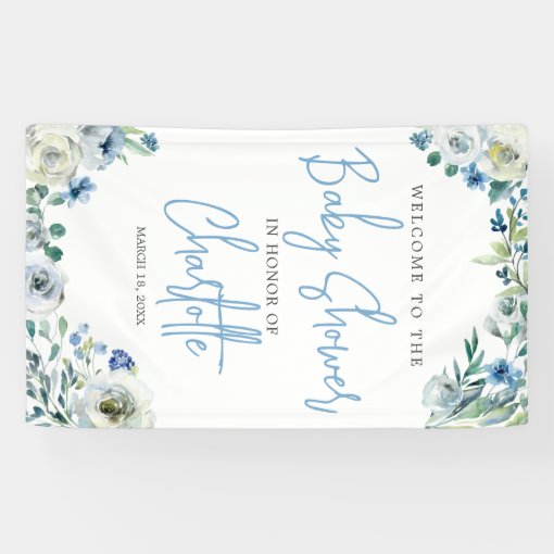 Elegant Blue Floral Spring Welcome Baby Shower Banner | Zazzle