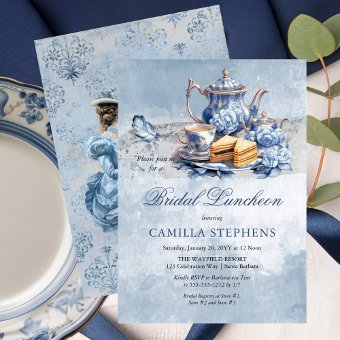Elegant Blue Floral Tea Set Bridal Luncheon Tea Invitation | Zazzle