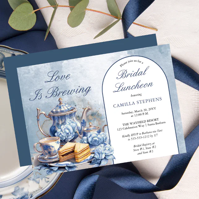 Elegant Blue Floral Tea Set Bridal Luncheon Tea Invitation | Zazzle