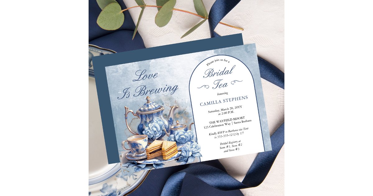 Elegant Blue Floral Tea Set Bridal Shower Tea Invitation | Zazzle