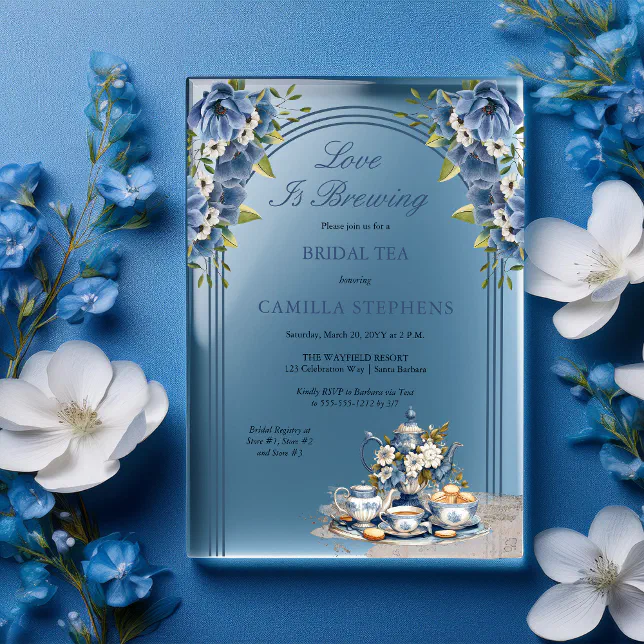 Elegant Blue Floral Tea Set Bridal Tea Shower Acrylic Invitations | Zazzle