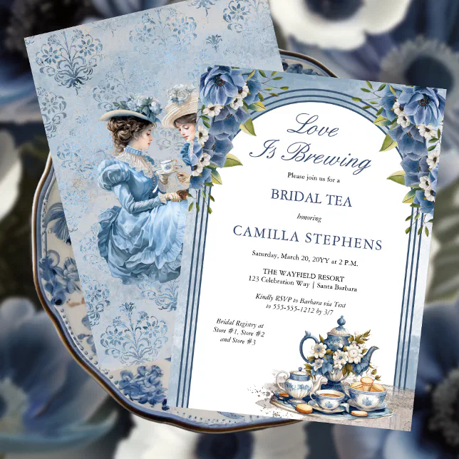 Elegant Blue Floral Tea Set Bridal Tea Shower Invitation | Zazzle