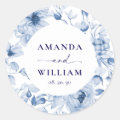 Elegant Blue Floral Wedding Classic Round Sticker | Zazzle