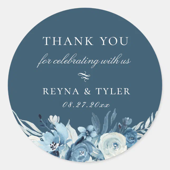 Elegant Blue Floral Wedding Favor Classic Round Sticker | Zazzle