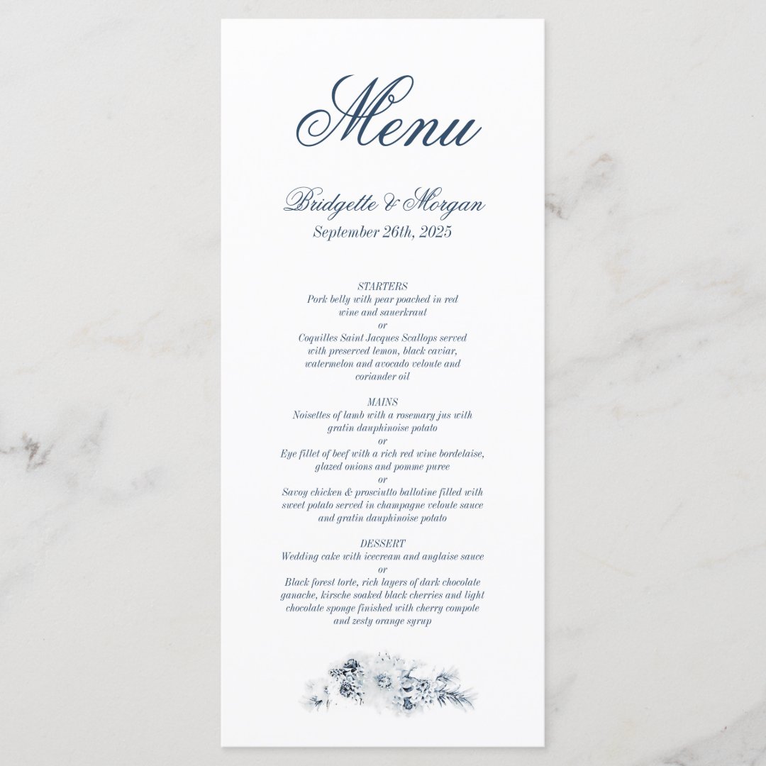 Elegant Blue Floral Wedding Menu | Zazzle