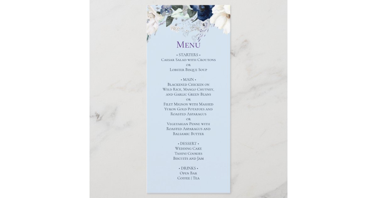 Elegant Blue Floral Wedding Menu | Zazzle