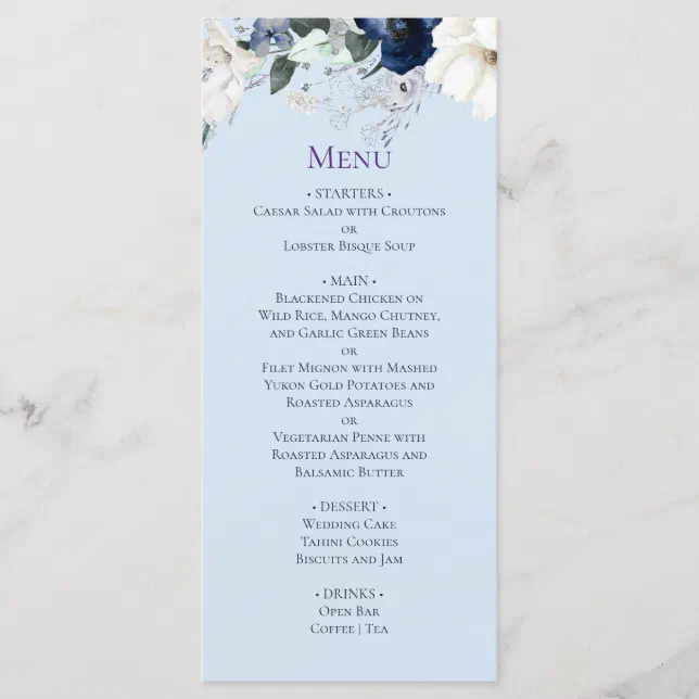 Elegant Blue Floral Wedding Menu | Zazzle