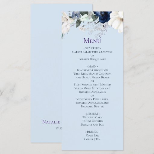 Elegant Blue Floral Wedding Menu | Zazzle