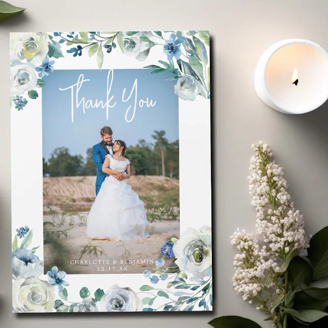 Elegant Blue Floral Wedding Photo Magnet Card | Zazzle