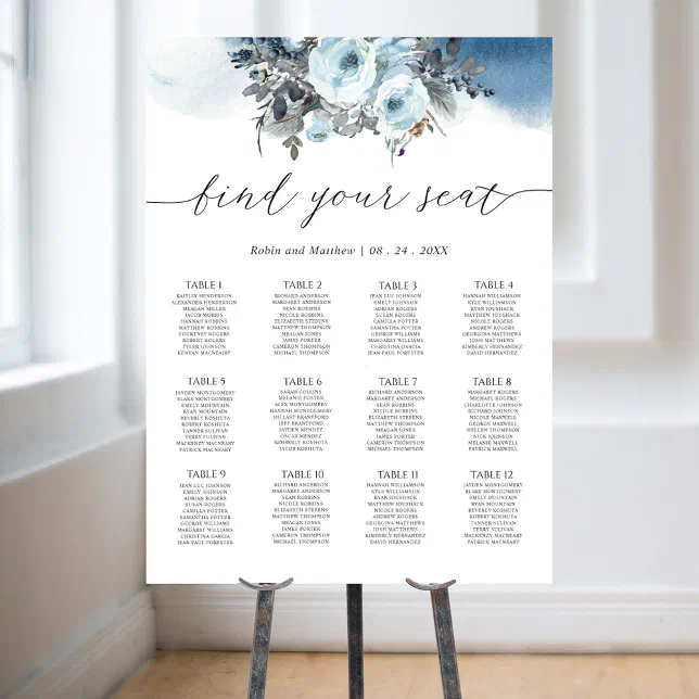 Elegant Blue Floral Wedding Seating Chart Sign | Zazzle