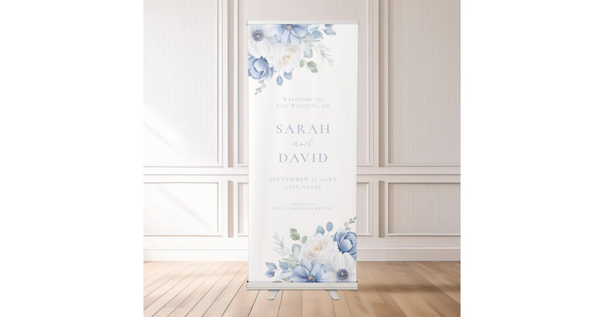 Elegant Blue Floral Wedding Welcome Retractable Banner | Zazzle