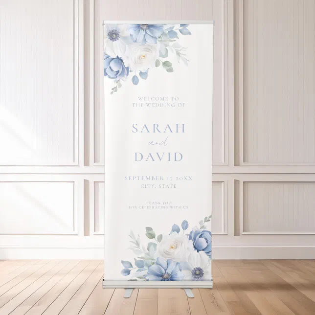Elegant Blue Floral Wedding Welcome Retractable Banner | Zazzle