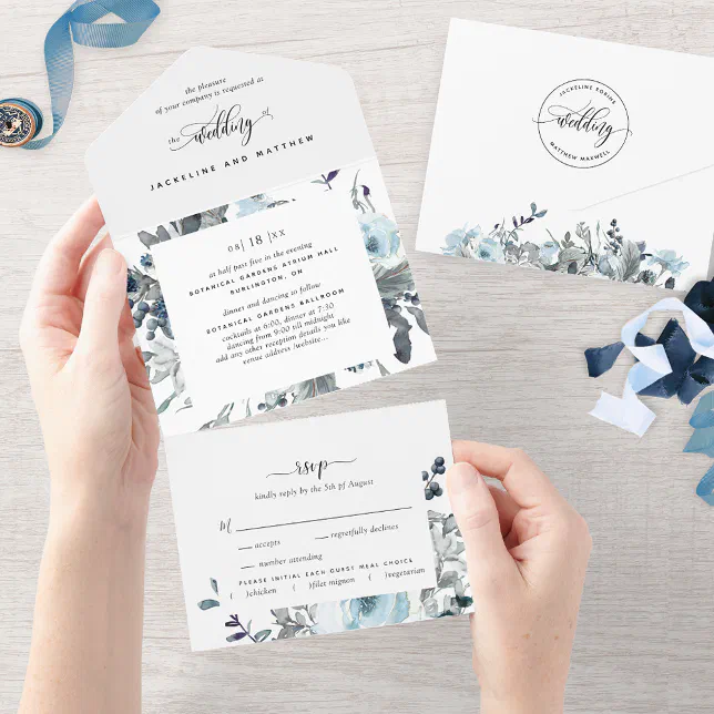 Elegant Blue Floral Wedding with Perforated RSVP All In One Invitation ...