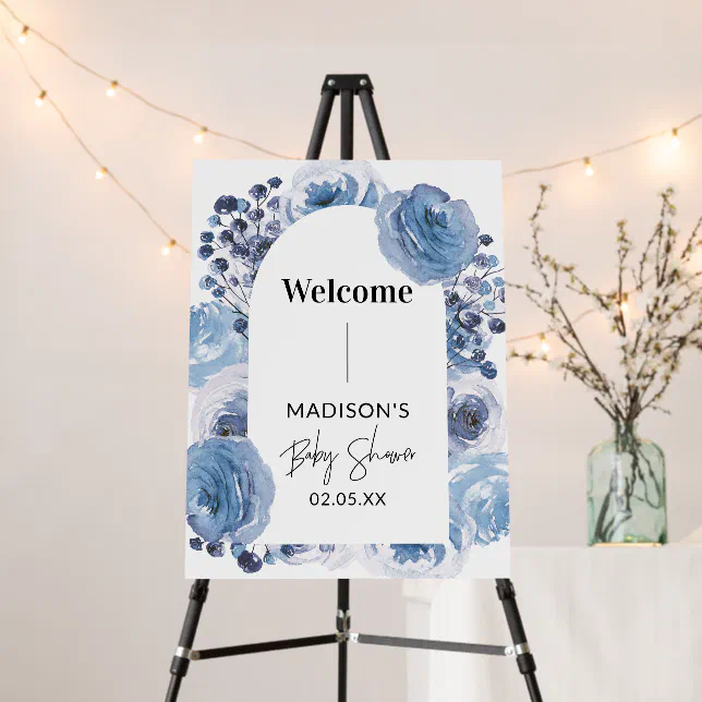 Elegant Blue Floral Welcome Baby Shower Sign | Zazzle