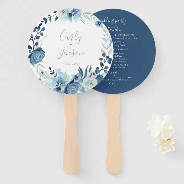 Elegant Blue Floral Wreath Wedding Hand Fans | Zazzle