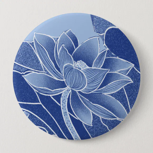 Elegant Blue Flowers Chinoiserie Lotus Mandala Button | Zazzle
