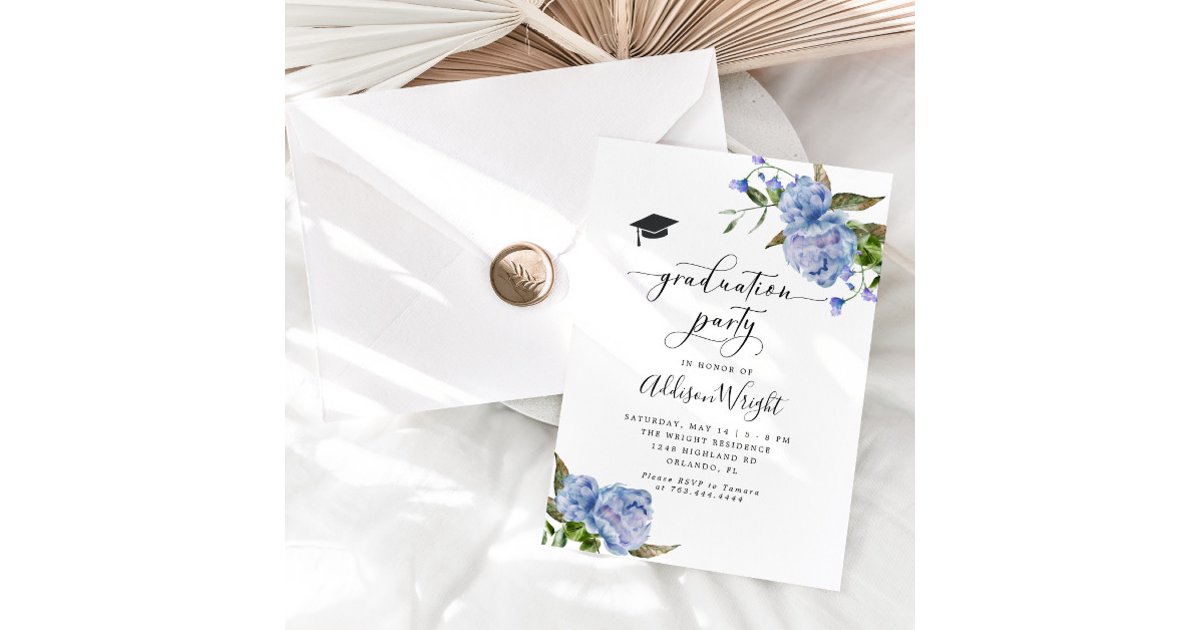 Elegant Blue Flowers Graduation Party Invitation | Zazzle