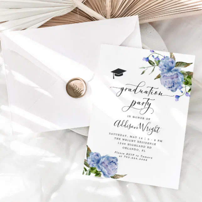 Elegant Blue Flowers Graduation Party Invitation | Zazzle