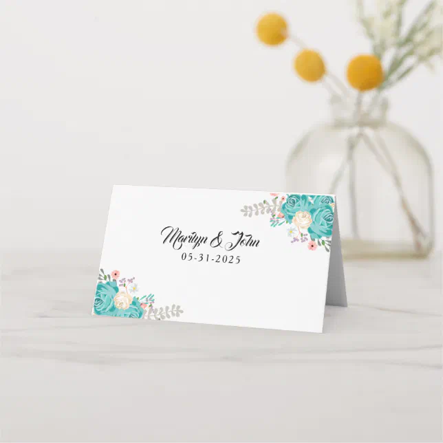 Elegant Blue Flowers Wedding Place Card | Zazzle