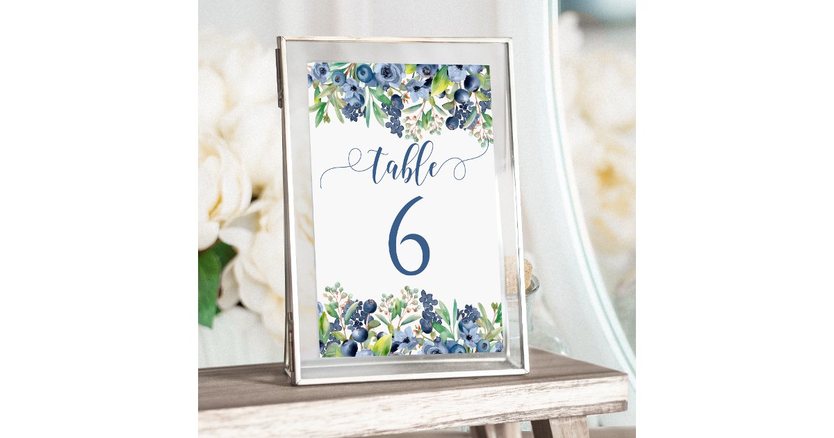 Elegant blue flowers wedding table numbers | Zazzle