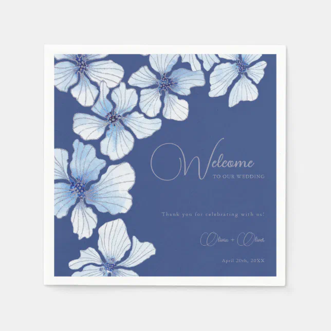 Elegant Blue Flowers Wedding Welcome Napkins | Zazzle