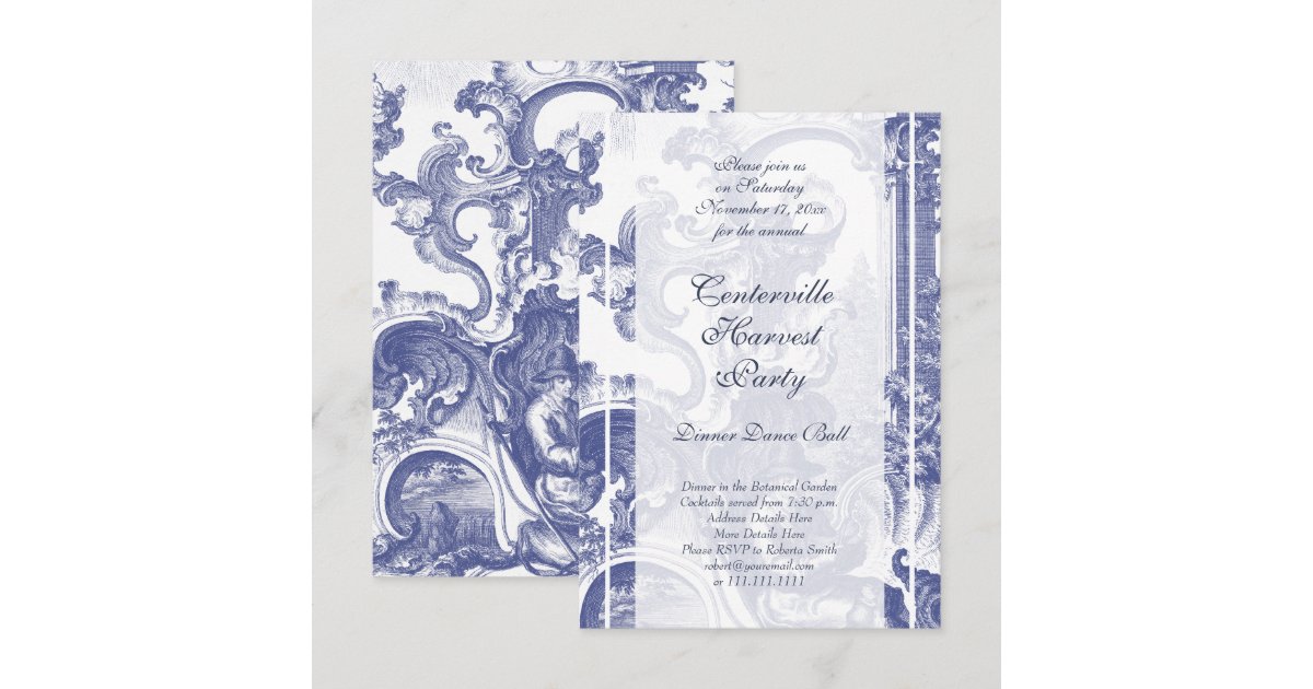 Elegant Blue French Baroque Toile Invitation | Zazzle