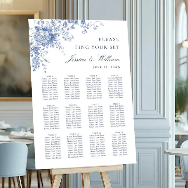 Elegant Blue French Garden 12 Tables SEATING CHART Foam Board | Zazzle