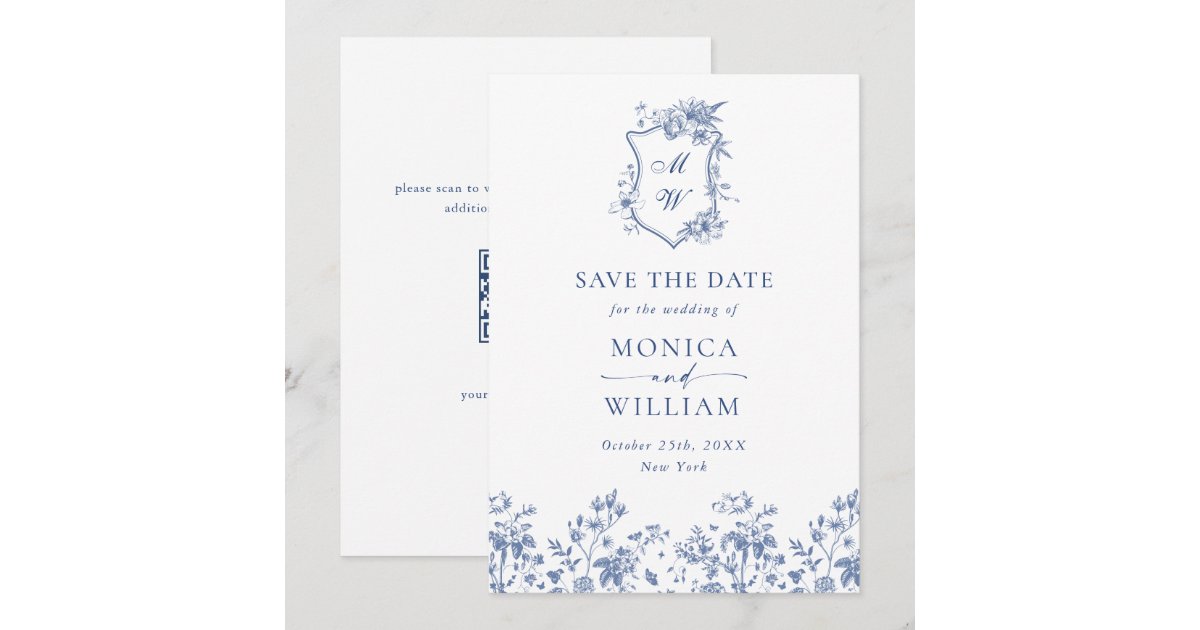 Elegant Blue French Garden Floral Wedding QR code Save The Date | Zazzle