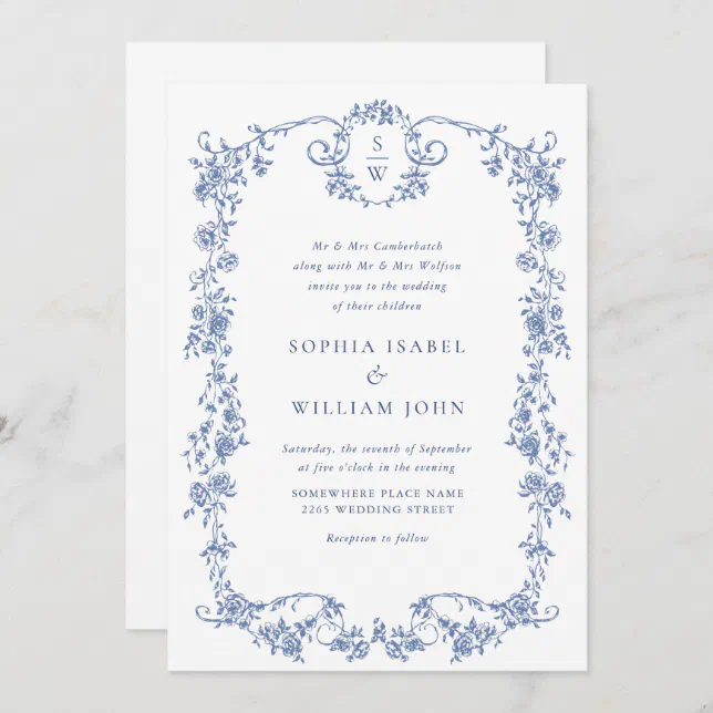 Elegant Blue French Roses Garden Wedding QR code Invitation | Zazzle