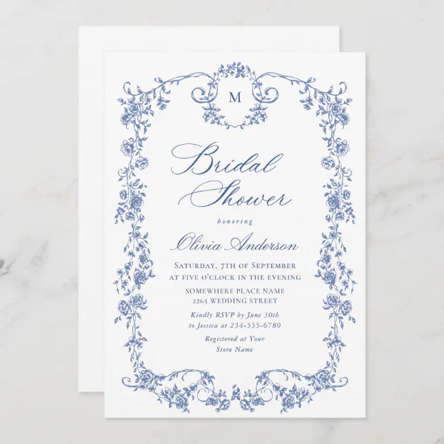 Elegant Blue French Toile Garden Bridal Shower Invitation | Zazzle