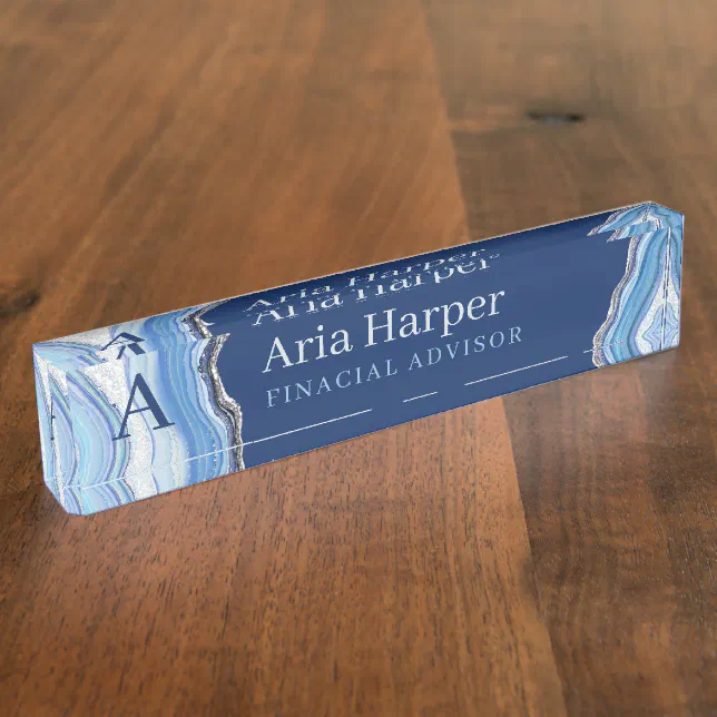 Elegant Blue Geode Silver Glitter Agate Monogram Desk Name Plate | Zazzle