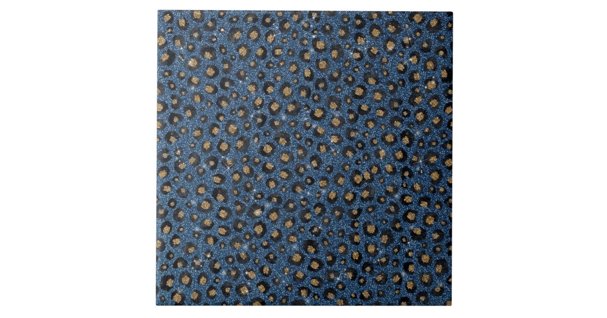 Elegant Blue Glitter Black Gold Leopard Print Ceramic Tile | Zazzle