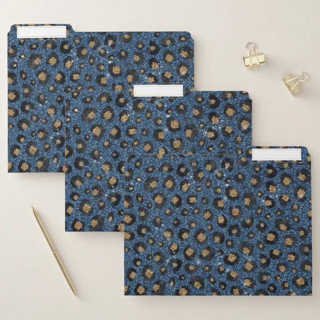 Elegant Blue Glitter Black Gold Leopard Print File Folder | Zazzle