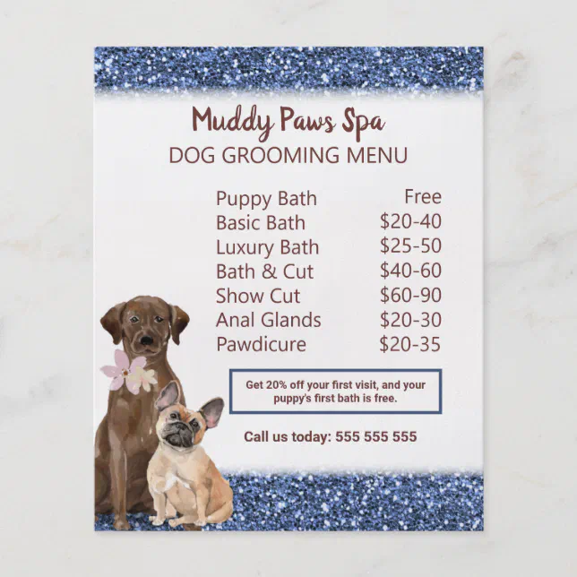 Elegant Blue Glitter Dog Grooming Menu Flyer | Zazzle