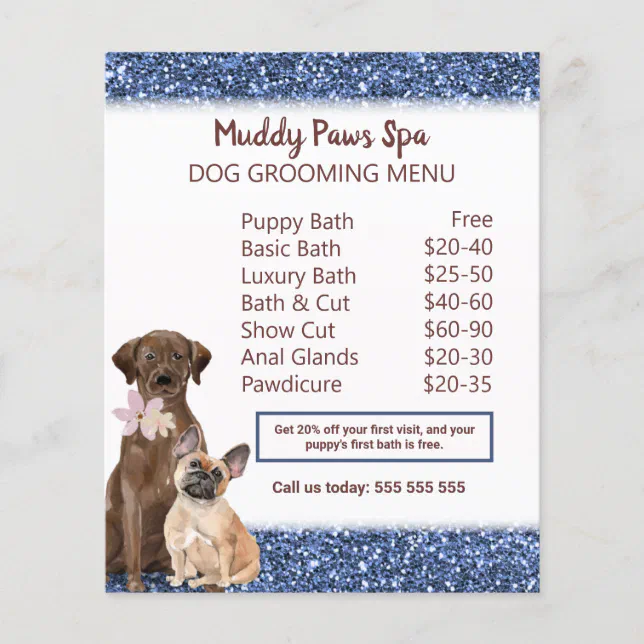 Elegant Blue Glitter Dog Grooming Menu Flyer | Zazzle