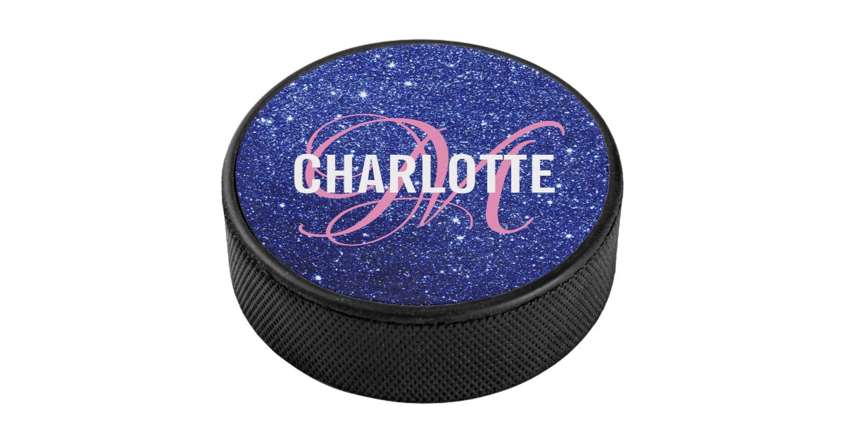 Elegant blue glitter monogram name hockey puck | Zazzle
