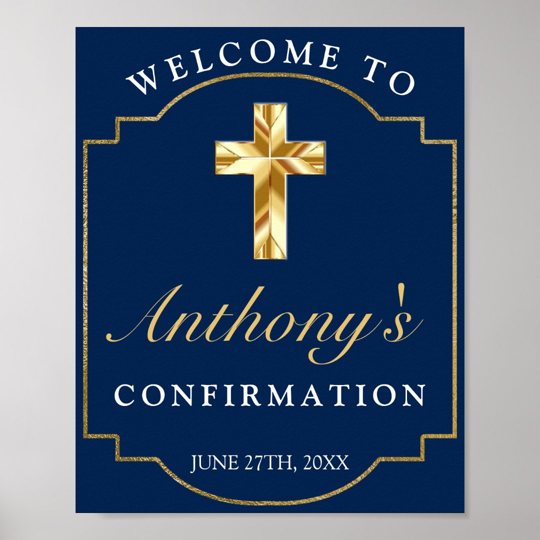 Elegant Blue Gold Boys Confirmation Welcome Poster | Zazzle