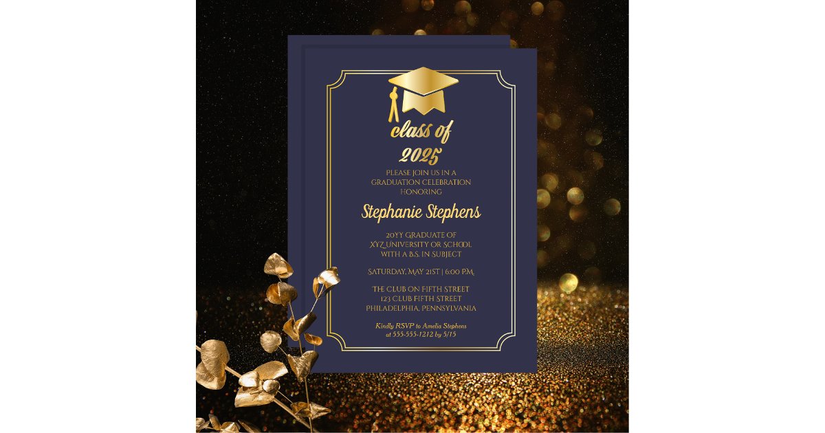 Elegant Blue | Gold Cap College Graduation Party Invitation | Zazzle