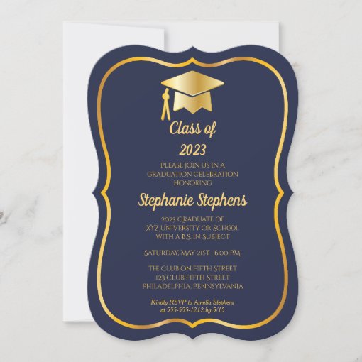 Elegant Blue | Gold Cap Graduation Party Invitation | Zazzle
