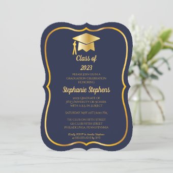 Elegant Blue | Gold Cap Graduation Party Invitation | Zazzle