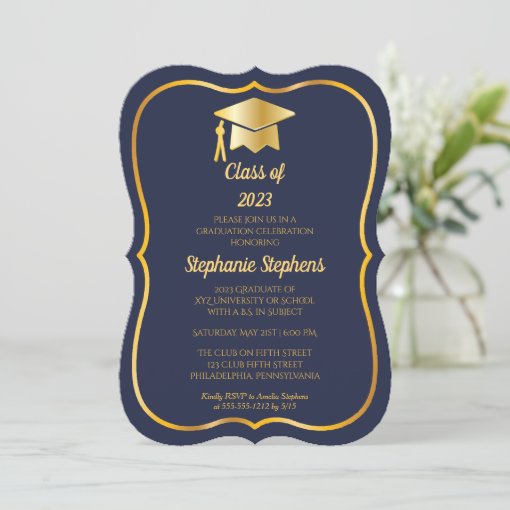 Elegant Blue | Gold Cap Graduation Party Invitation | Zazzle