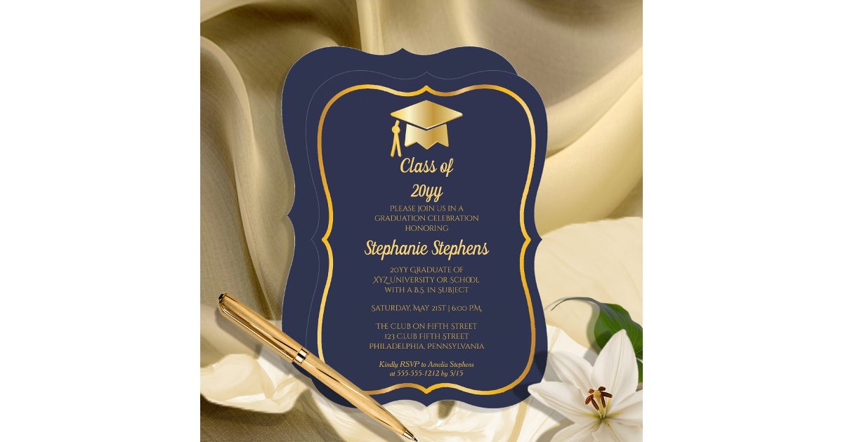 Elegant Blue | Gold Cap Graduation Party Invitation | Zazzle