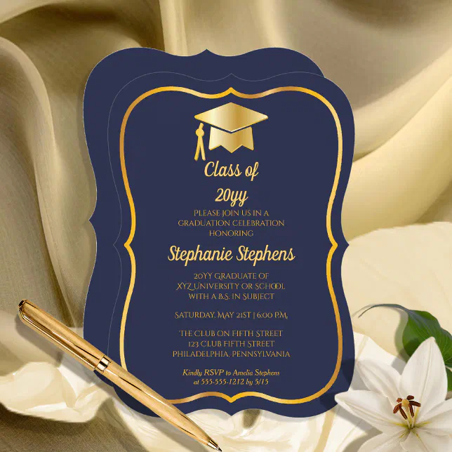 Elegant Blue | Gold Cap Graduation Party Invitation | Zazzle