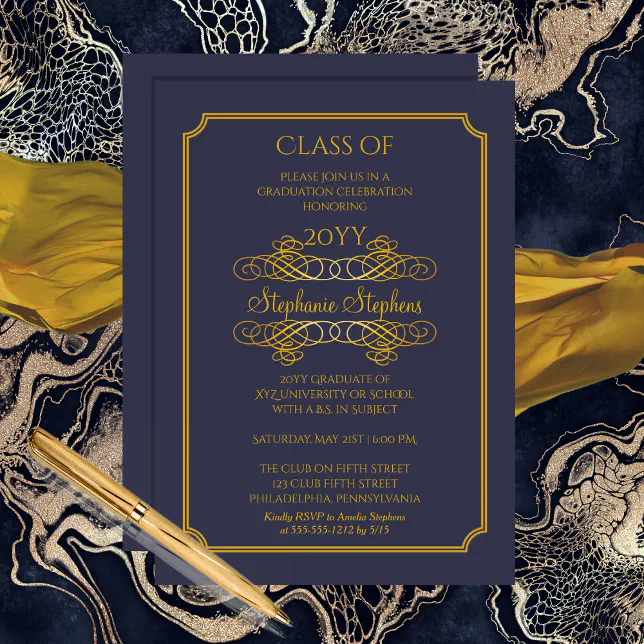 Elegant Blue | Gold College Graduation Party Invitation | Zazzle