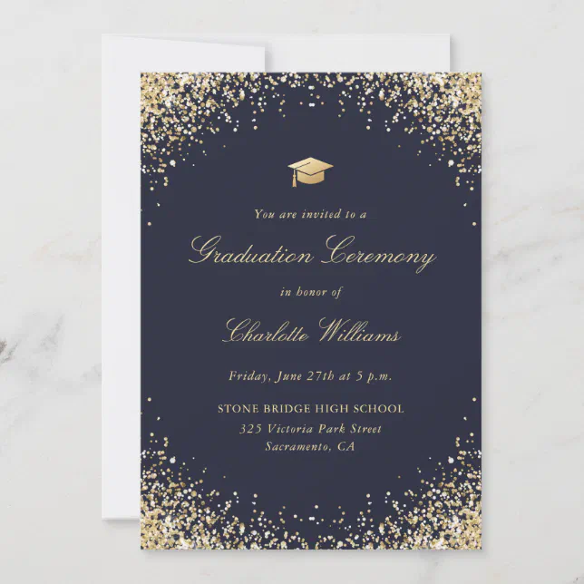 Elegant Blue Gold Confetti Graduation Ceremony Invitation | Zazzle