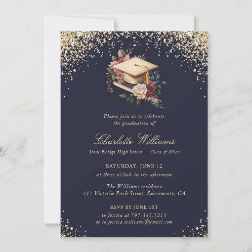 Elegant Blue Gold Confetti Photo Graduation Party Invitation | Zazzle