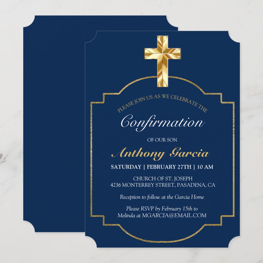 Elegant Blue Gold Cross Confirmation Invitation | Zazzle
